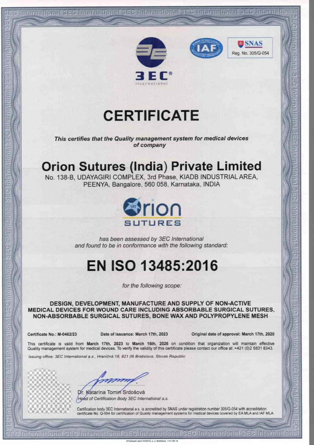 Our Certificates - Orion Sutures