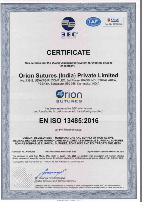 Our Certificates - Orion Sutures